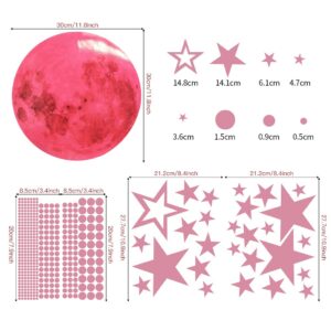 Glow in The Dark Stars and Moon Stickers for Ceiling, Luminous Wall Decals Decor for Bedroom Living Room, 407 dots + 27 Stars + 30cm Moon (Pink)