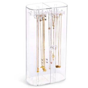 spinning tubular acrylic jewelry storage holder, rotating organizer - 24 hooks for dressing table, cosmetic stations, dresser, bathroom vanity countertop - holds necklaces, bracelets clear