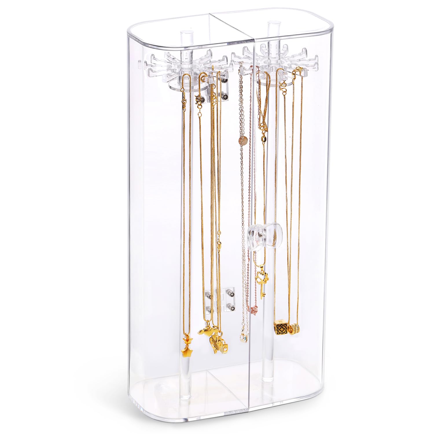 Spinning Tubular Acrylic Jewelry Storage Holder, Rotating Organizer - 24 Hooks for Dressing Table, Cosmetic Stations, Dresser, Bathroom Vanity Countertop - Holds Necklaces, Bracelets Clear