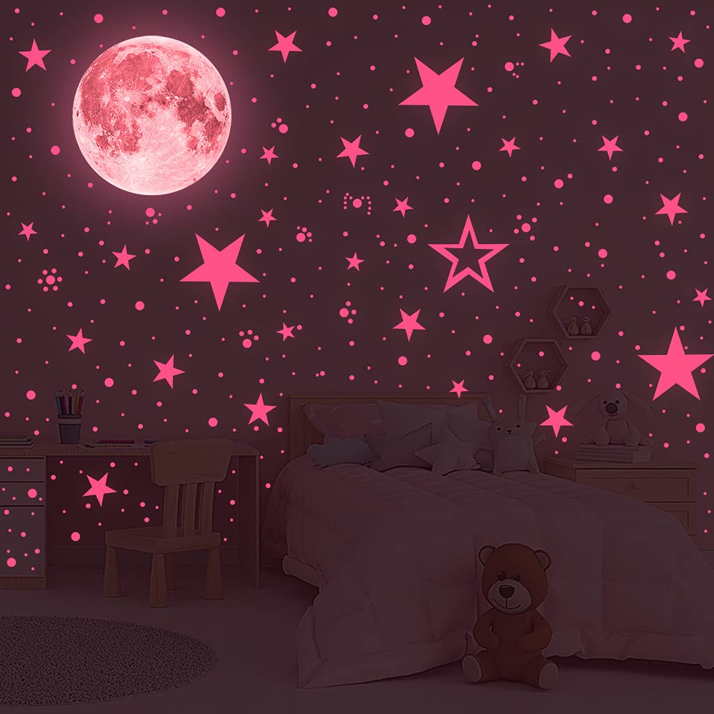 Glow in The Dark Stars and Moon Stickers for Ceiling, Luminous Wall Decals Decor for Bedroom Living Room, 407 dots + 27 Stars + 30cm Moon (Pink)