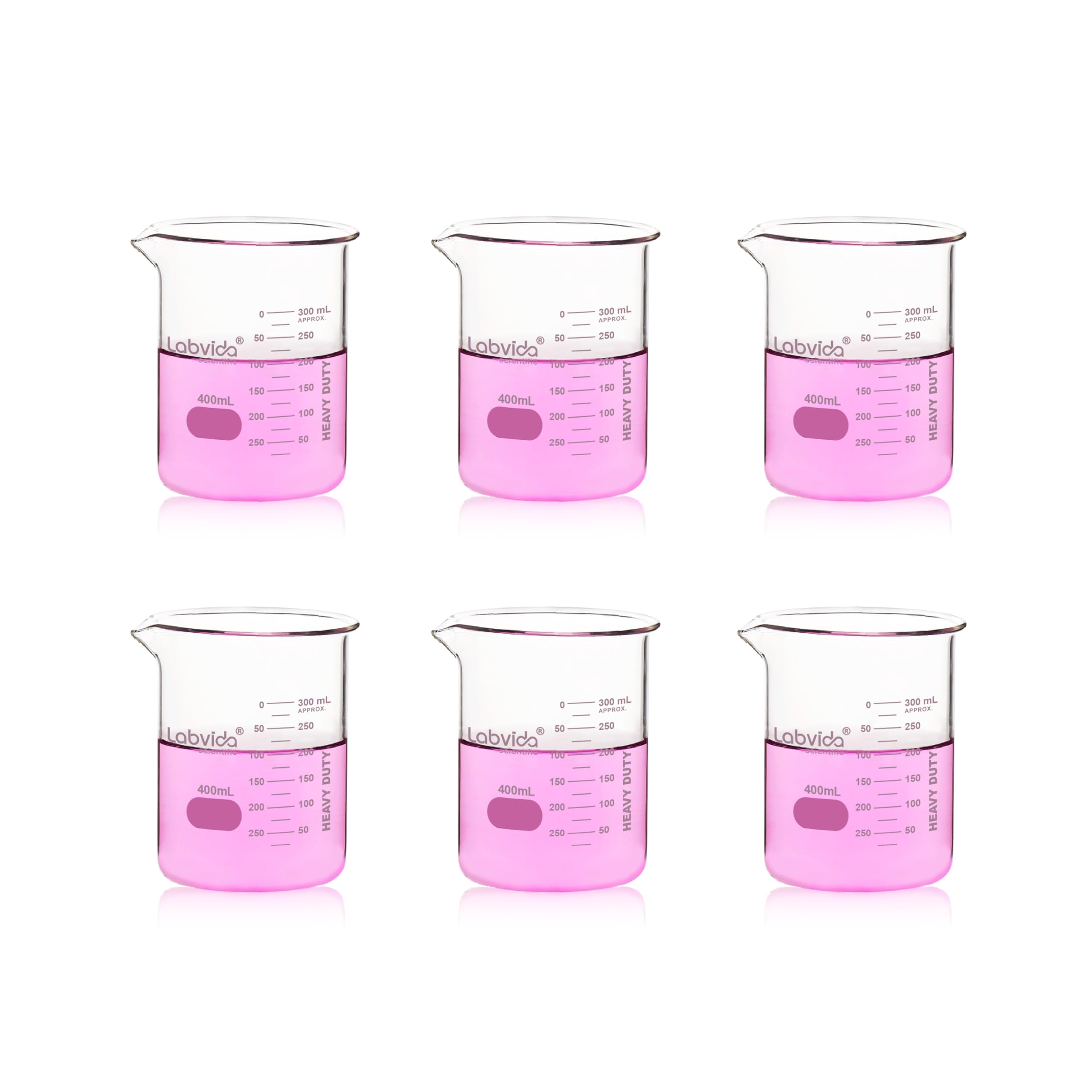 Labvida 6pcs 400ml Upgrated Thick Glass Beakers, Griffin Low Form Beaker Set with Double Scale,3.3 Boro, LVA029