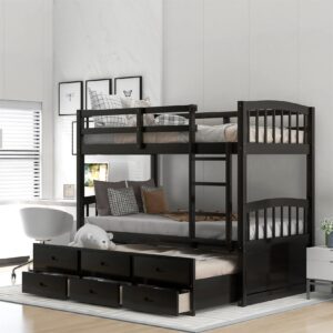 harper & bright designs twin over twin bunk bed with trundle and storage drawers wood bunk beds frame for kids girls boys teens, espresso