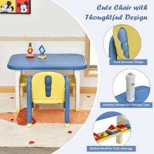 Costzon Toddler Table and Chair Set, Cute Dinosaur Children Activity Art Sturdy Desk Set w/Storage Rack & Montessori Toys Building Blocks, Kids Table and Chair for Baby Boys Girls (Blue)