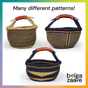 Bolga Zaare Market Basket, Handmade in Ghana by Women Artisans, Natural + Midnight Color, LARGE, 16"-18" Diameter x 9"-10" H, RED HANDLE (1 basket)