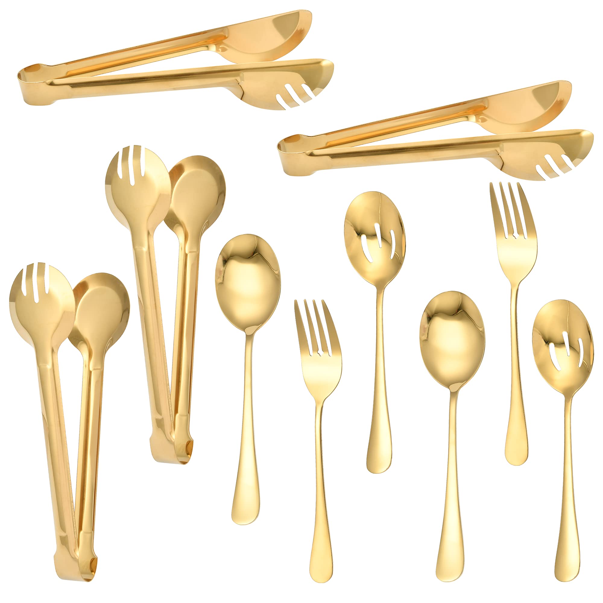 Worldity 10 Pieces Gold Serving Utensils, Stainless Steel Gold Serving Spoons, Slotted Spoons, Forks, Serving Tongs, Serving Utensils Set for Parties, Home, Restaurant, Dishwasher Safe