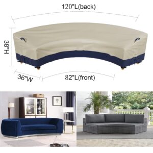 DUSTYPROTE Curved Sofa Cover,Outdoor Couch Cover 600D，Outdoor Sectional Covers Waterproof 120" L(Back)/82" L(Front) x 36" D x 38" H, Khaki with Dark Blue, Cover Only