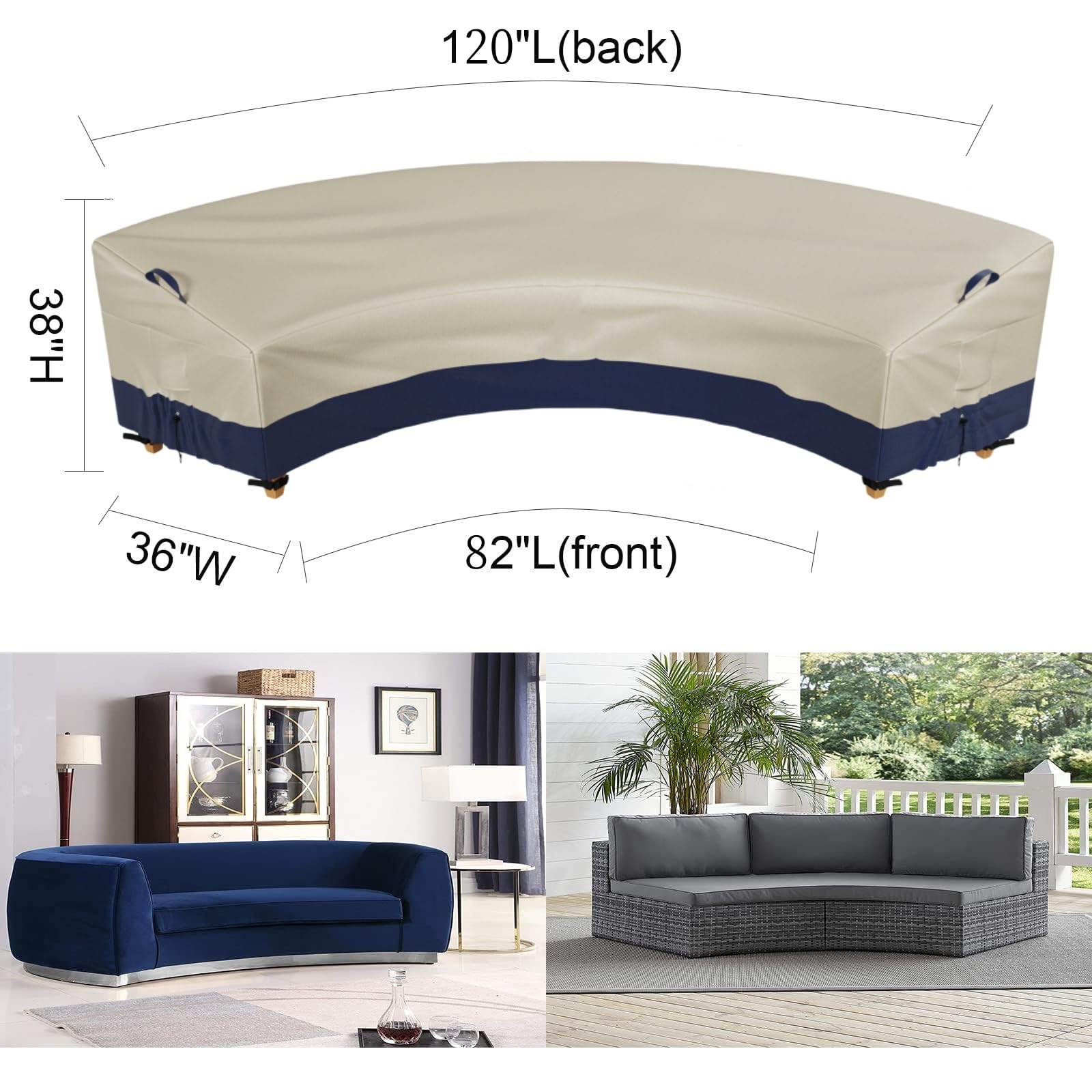 DUSTYPROTE Curved Sofa Cover,Outdoor Couch Cover 600D，Outdoor Sectional Covers Waterproof 120" L(Back)/82" L(Front) x 36" D x 38" H, Khaki with Dark Blue, Cover Only