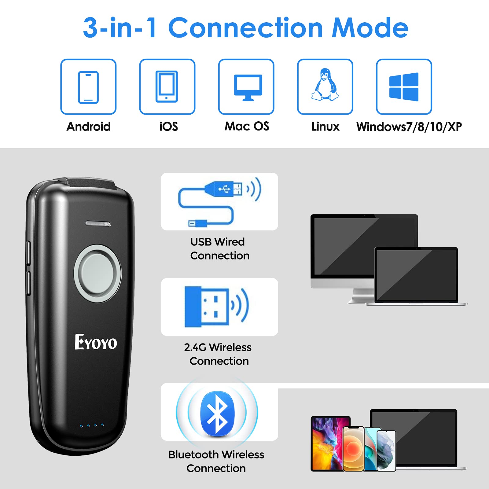 Eyoyo Mini 1D Bluetooth Barcode Scanner Wireless, With Power On/Off Button, Volume Up/Down Button,1500mAh Rechargeable Battery, Portable Bar Codes Reader for Windows, Mac Computer, Android, iOS Phones