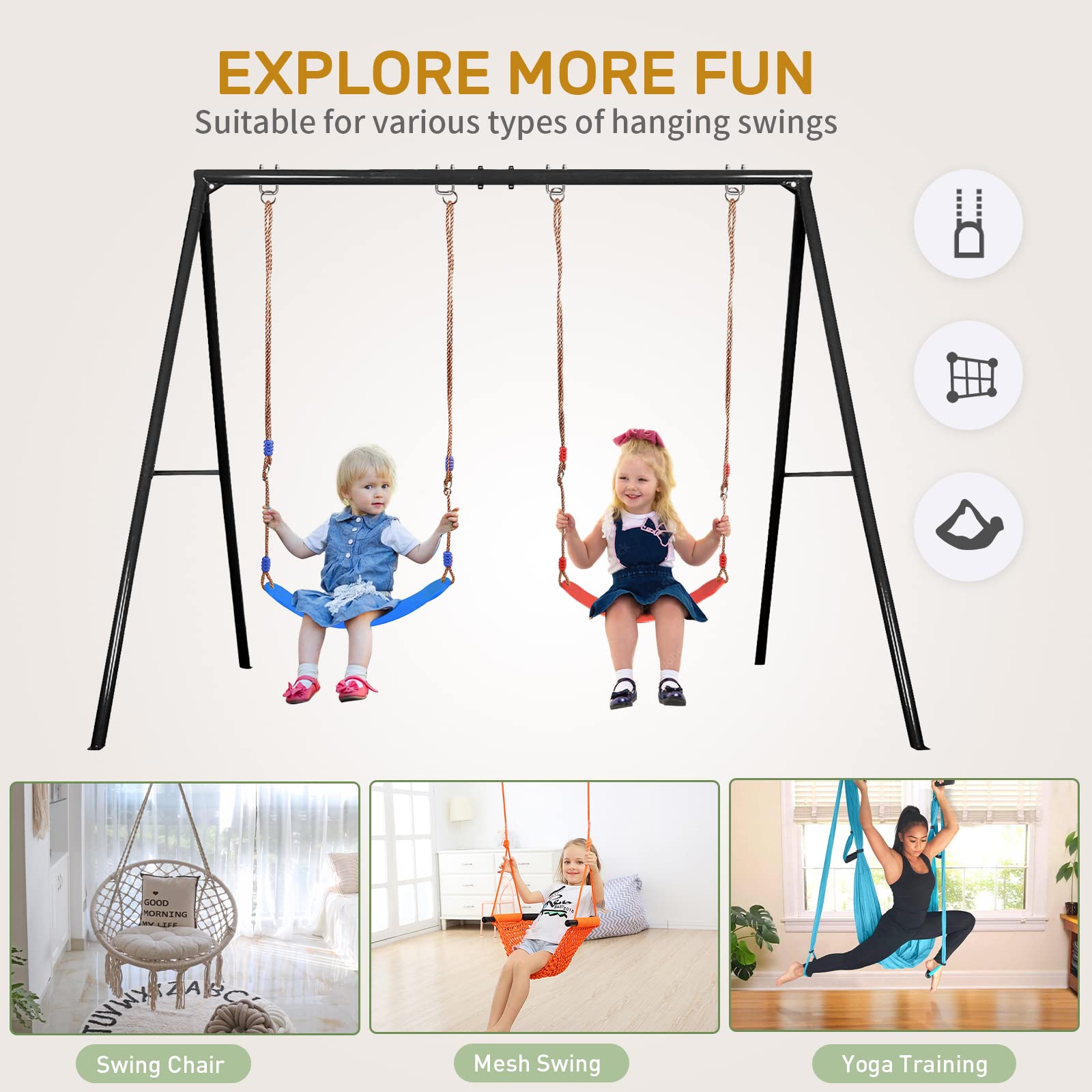 IKARE Metal Swing Frame with 2 Belt Swing Seats, Extra Large Swing Set for Kids and Adults, 2 Seats Supports up to 440 LBS, Fits for Indoor and Outdoor Activities, Garden, Backyard, Playground