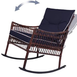 DECMICO Outdoor Rocking Chairs 3 Pieces Patio Conversation Front Porch Furniture, Wicker Rocking Chairs Bistro Set with Coffee Table for Garden and Balcony (Brown Rattan Royal Blue Cushion)