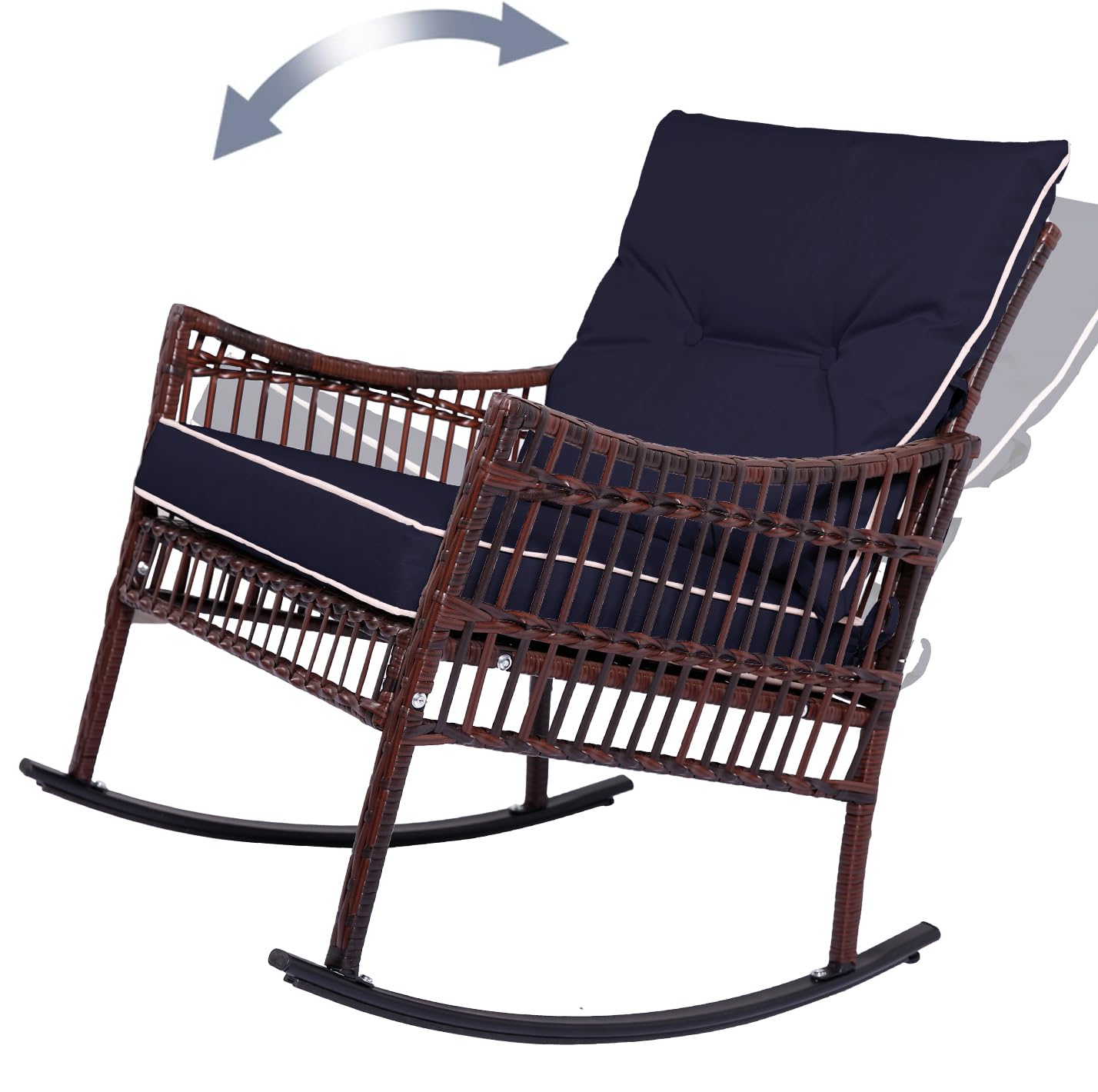 DECMICO Outdoor Rocking Chairs 3 Pieces Patio Conversation Front Porch Furniture, Wicker Rocking Chairs Bistro Set with Coffee Table for Garden and Balcony (Brown Rattan Royal Blue Cushion)