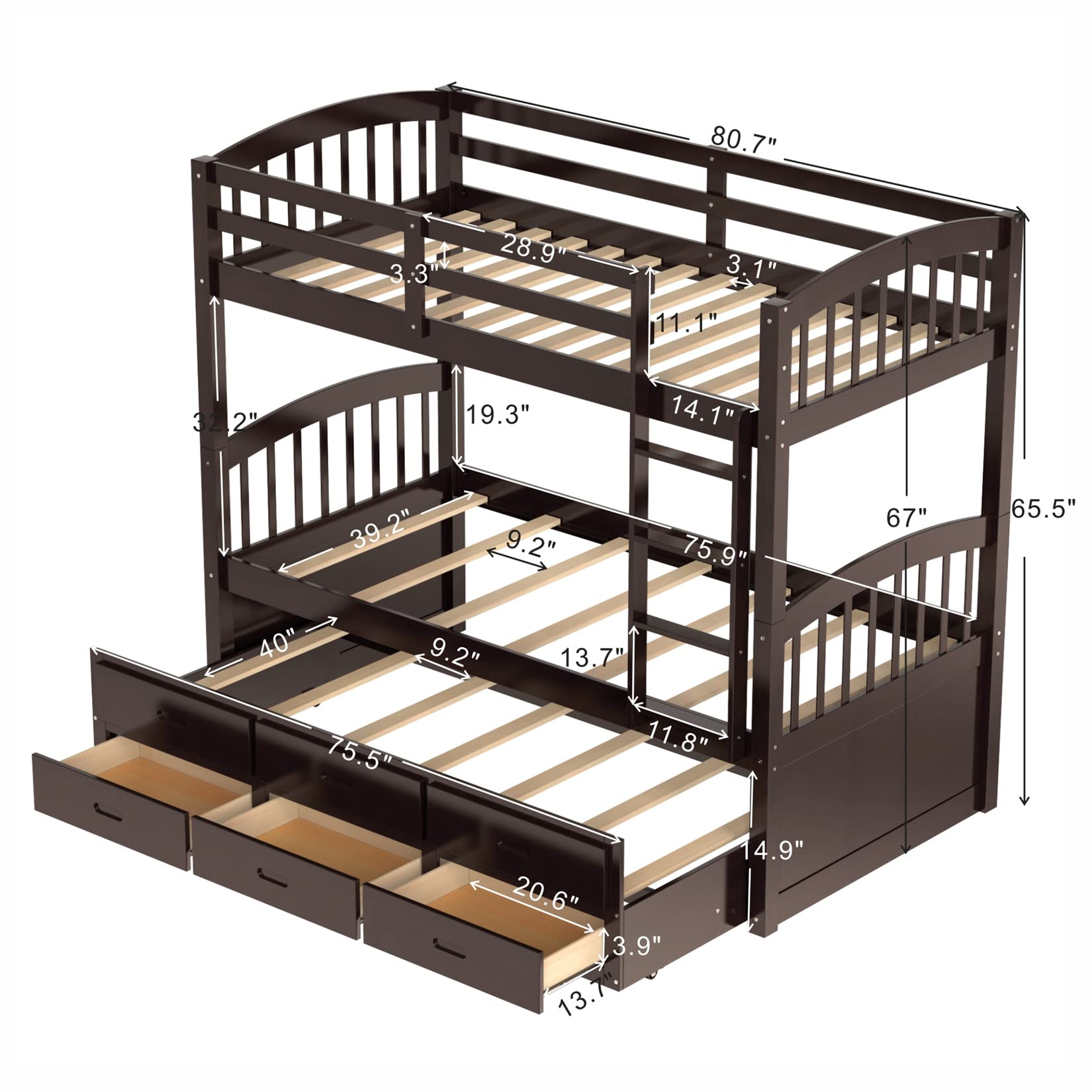 Harper & Bright Designs Twin Over Twin Bunk Bed with Trundle and Storage Drawers Wood Bunk Beds Frame for Kids Girls Boys Teens, Espresso