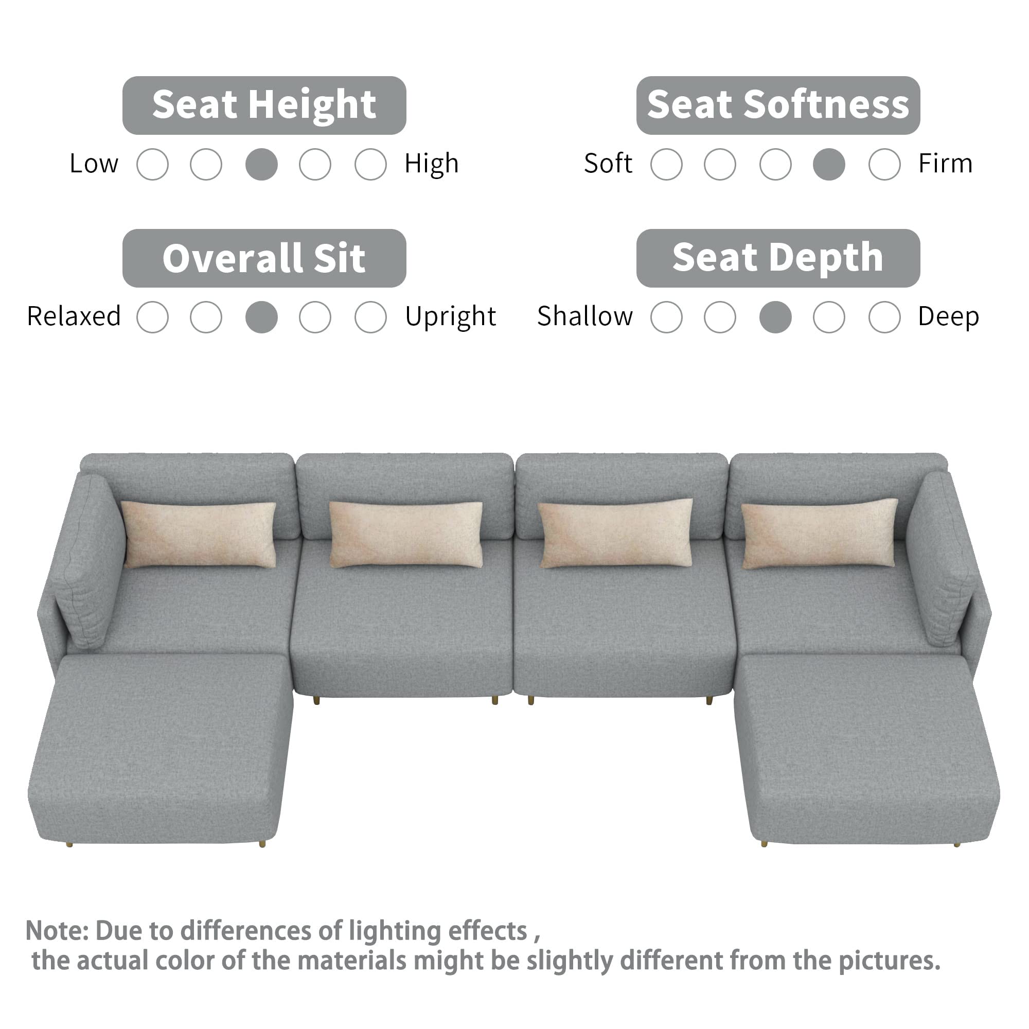 MGH Sectional Sofa Couch, Luxury Contemporary U-Shape Sofa Set,Linen Fabric 4-Seat and 2 Ottoman Living Room Couch Chaise Living Room Furniture Sets,Grey