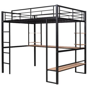 SOFTSEA Full Loft Bed with Desk and Storage Shelves High Metal Loft Bunk Bed with Ladder, No Box Spring Needed