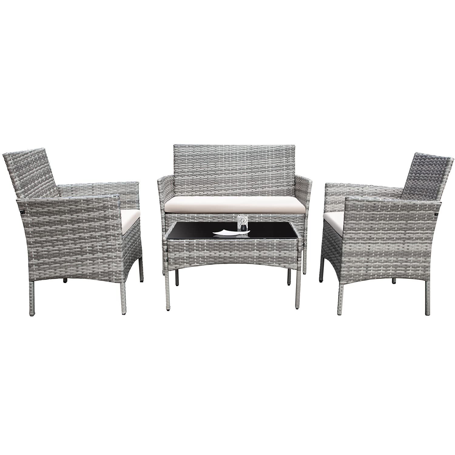 Homall 4 Pieces Patio Rattan Chair Wicker Set,Outdoor Indoor Use Backyard Porch Garden Poolside Balcony Furniture (Grey and Beige)