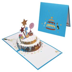 Magic Ants Pop Up Happy Birthday Card,3D Birthday Popup Cards,Birthday Cake Funny Postcards Pop Up Greeting Cards,Pop Up Birthday Cards for Women Men (Stars Birthday Cake - Blue)