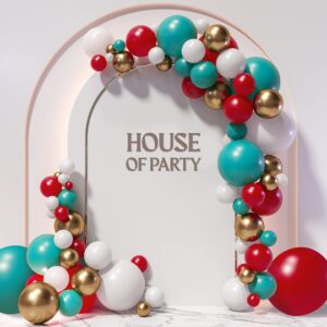 house of party red, white and gold balloon garland kit 123 pcs - teal, dark red metallic balloons arch for valentine, wedding, graduation, birthday decorations and party supplies