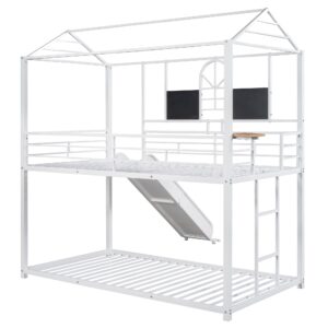 Twin Over Twin Metal Bunk Bed with Slide and Integrated Ladder, Housebed Bunk Bed for Kids Toddlers, Can be Decorated with Mosquito nets (White with White Slide)