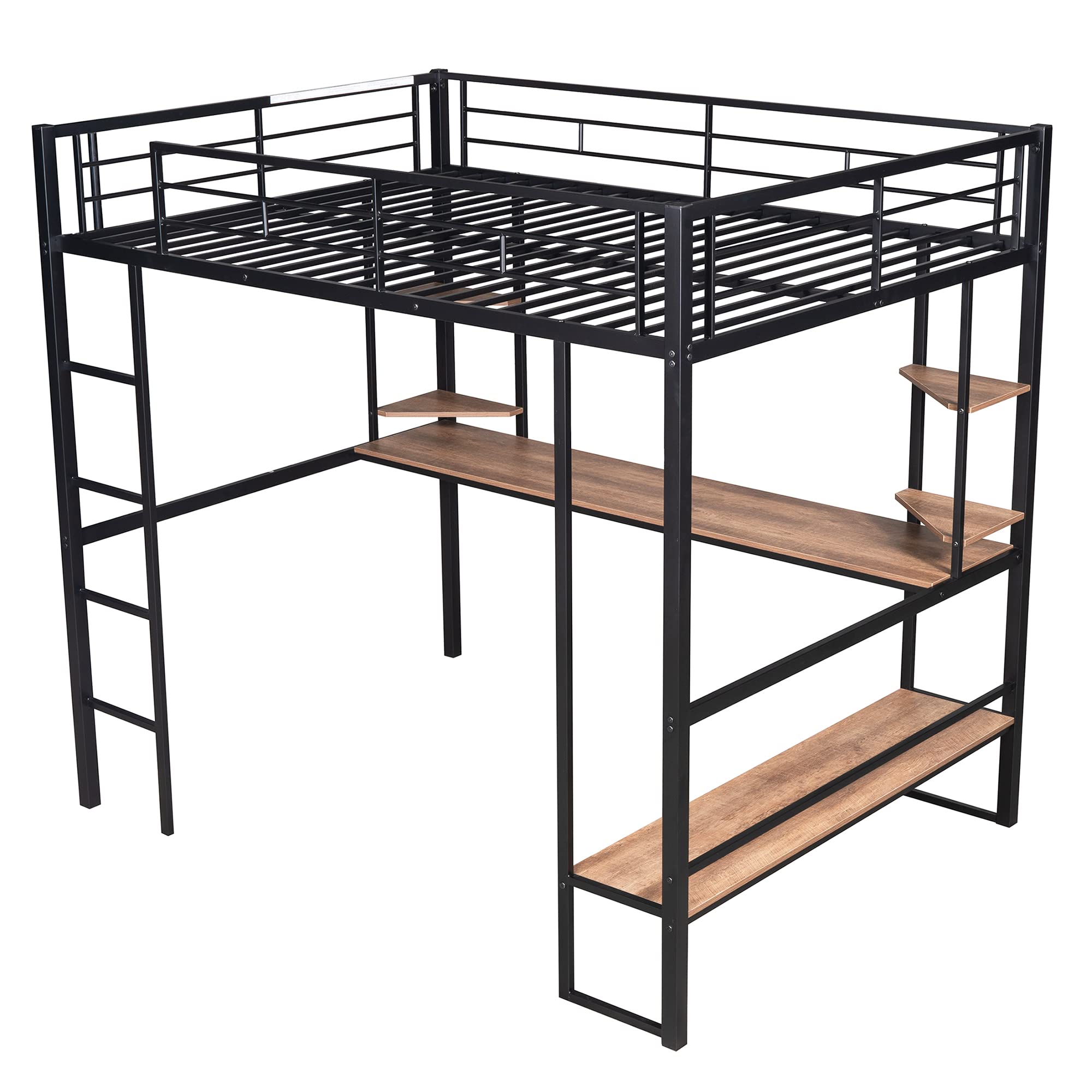 SOFTSEA Full Loft Bed with Desk and Storage Shelves High Metal Loft Bunk Bed with Ladder, No Box Spring Needed