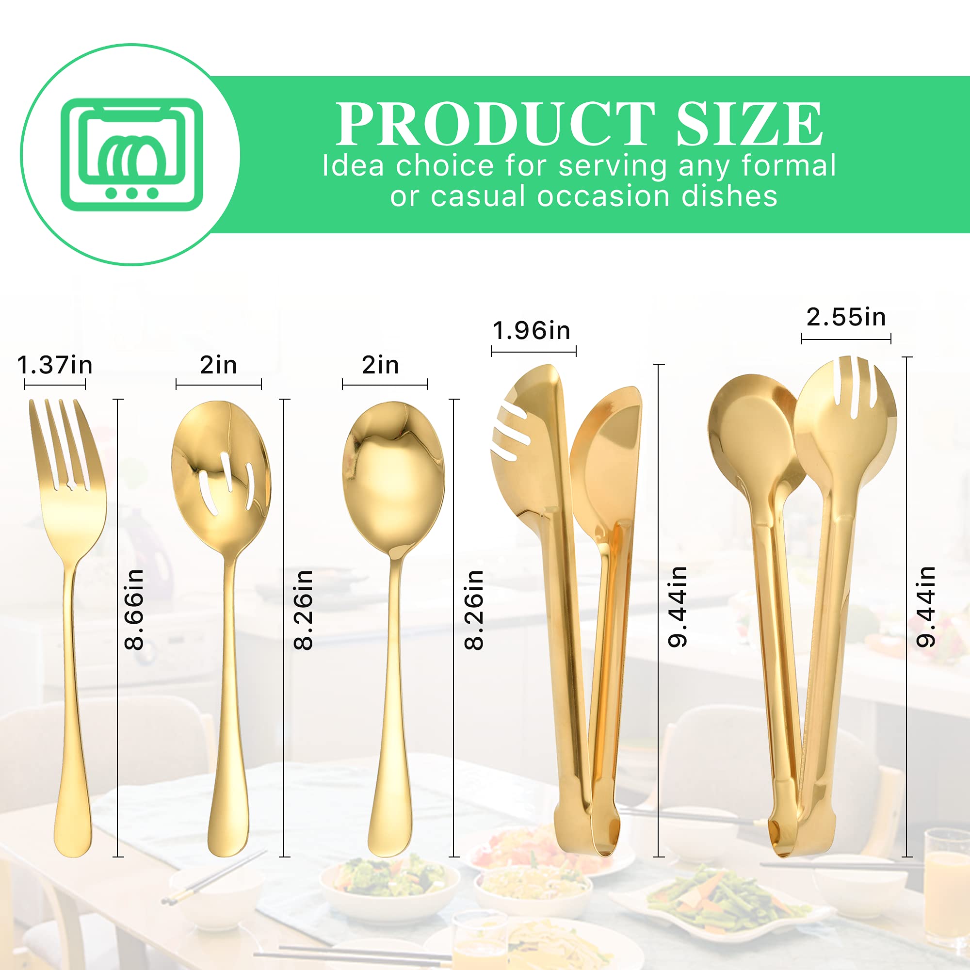 Worldity 10 Pieces Gold Serving Utensils, Stainless Steel Gold Serving Spoons, Slotted Spoons, Forks, Serving Tongs, Serving Utensils Set for Parties, Home, Restaurant, Dishwasher Safe