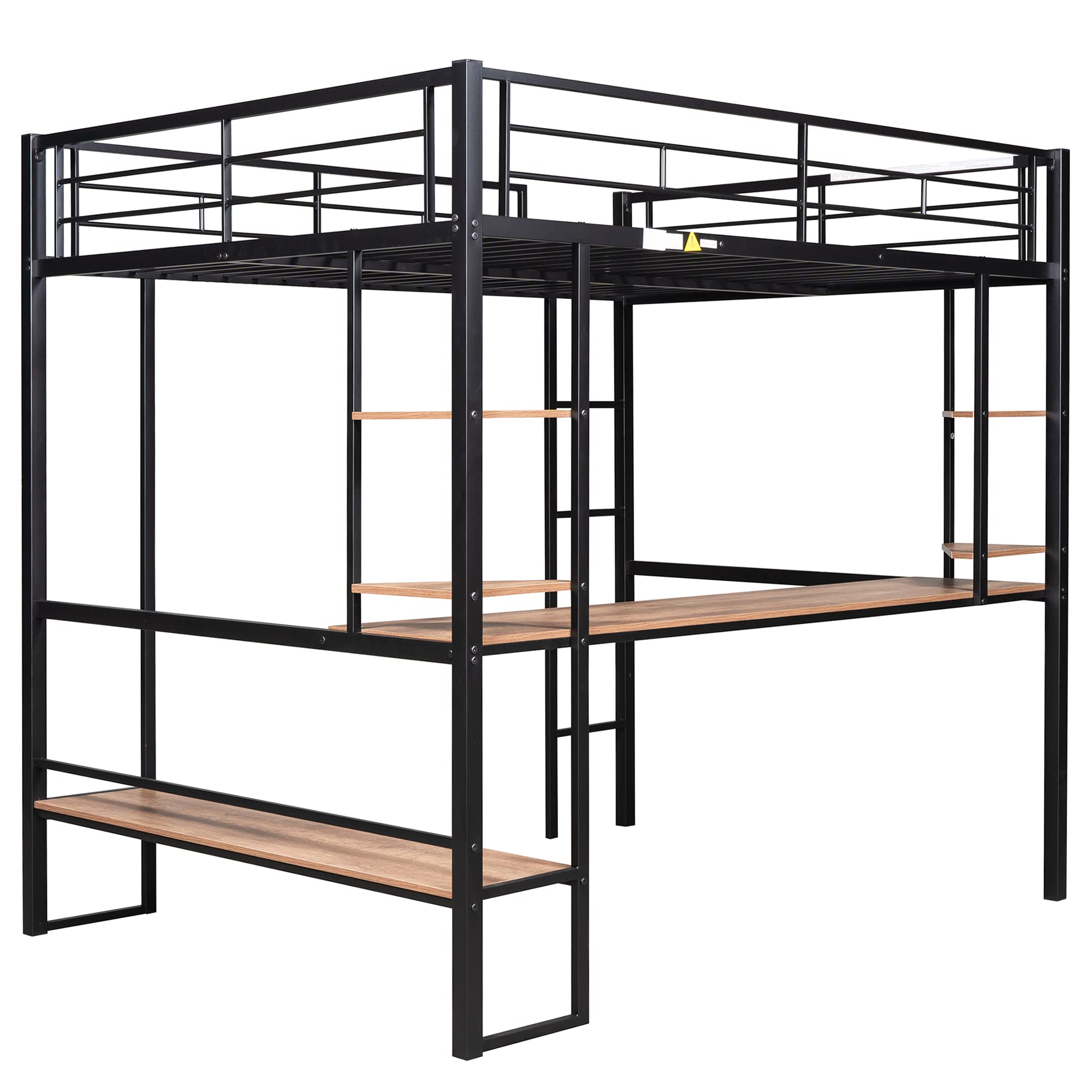 SOFTSEA Full Loft Bed with Desk and Storage Shelves High Metal Loft Bunk Bed with Ladder, No Box Spring Needed