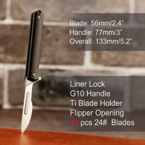 Samior S10 Mini Slim Flipper Folding Scalpel Neck Knife with 10pcs Blades, G10 Handle with Liner Lock, Utility EDC Keychain Pocket Knives with Leather Sheath (Black)