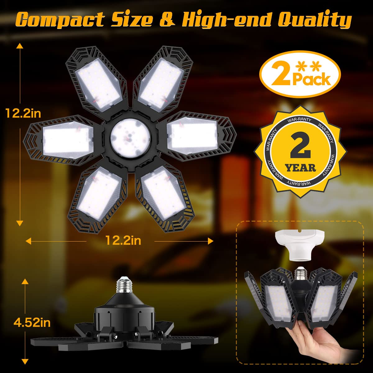 2 Pack led Garage Light 120W Warm Light Garage Lighting Ceiling fixtures led Basement Light 3000k deformable Garage Lighting Screw in 12000LM LED Shop Light Bulb for Basement Workshop Warehouse Barn