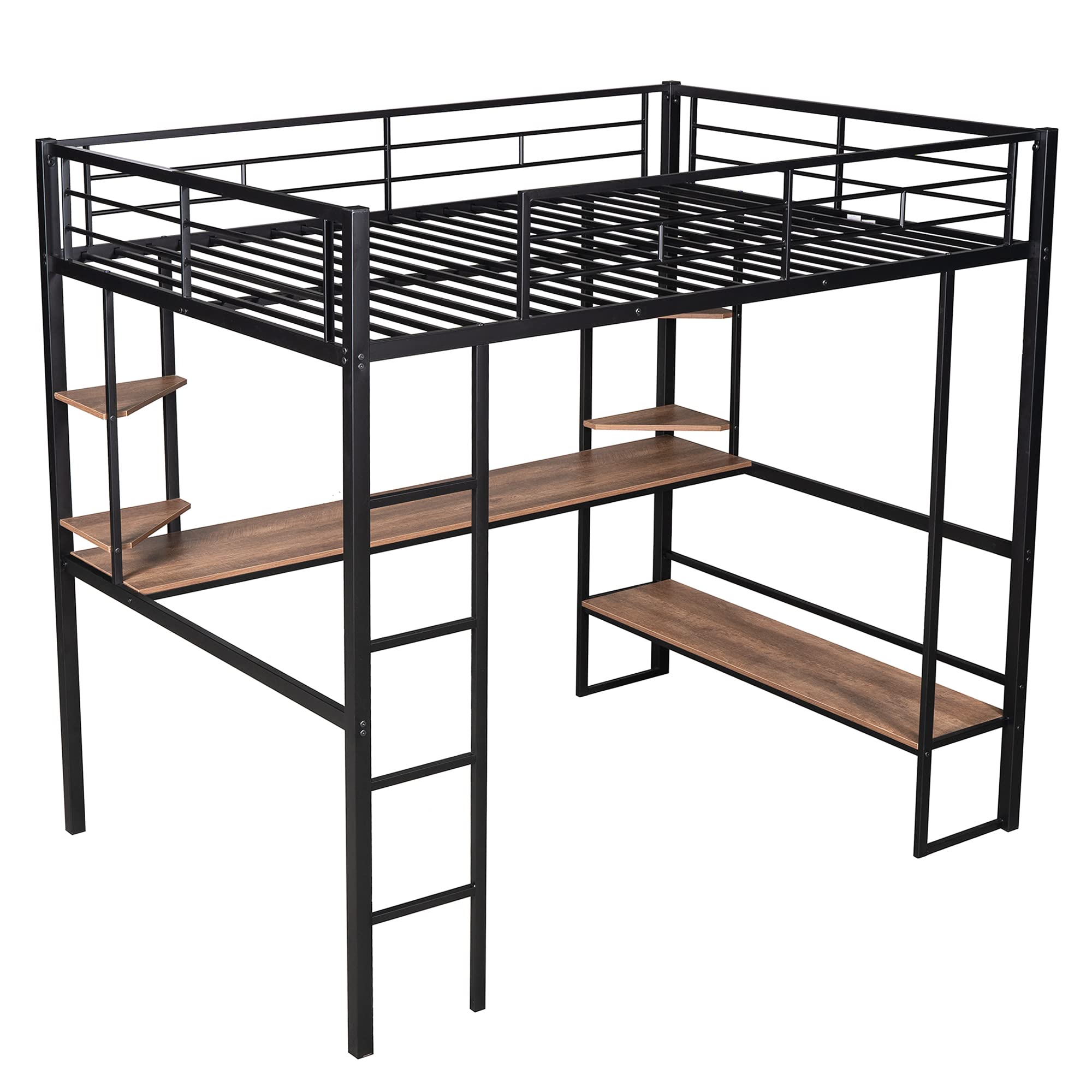 SOFTSEA Full Loft Bed with Desk and Storage Shelves High Metal Loft Bunk Bed with Ladder, No Box Spring Needed