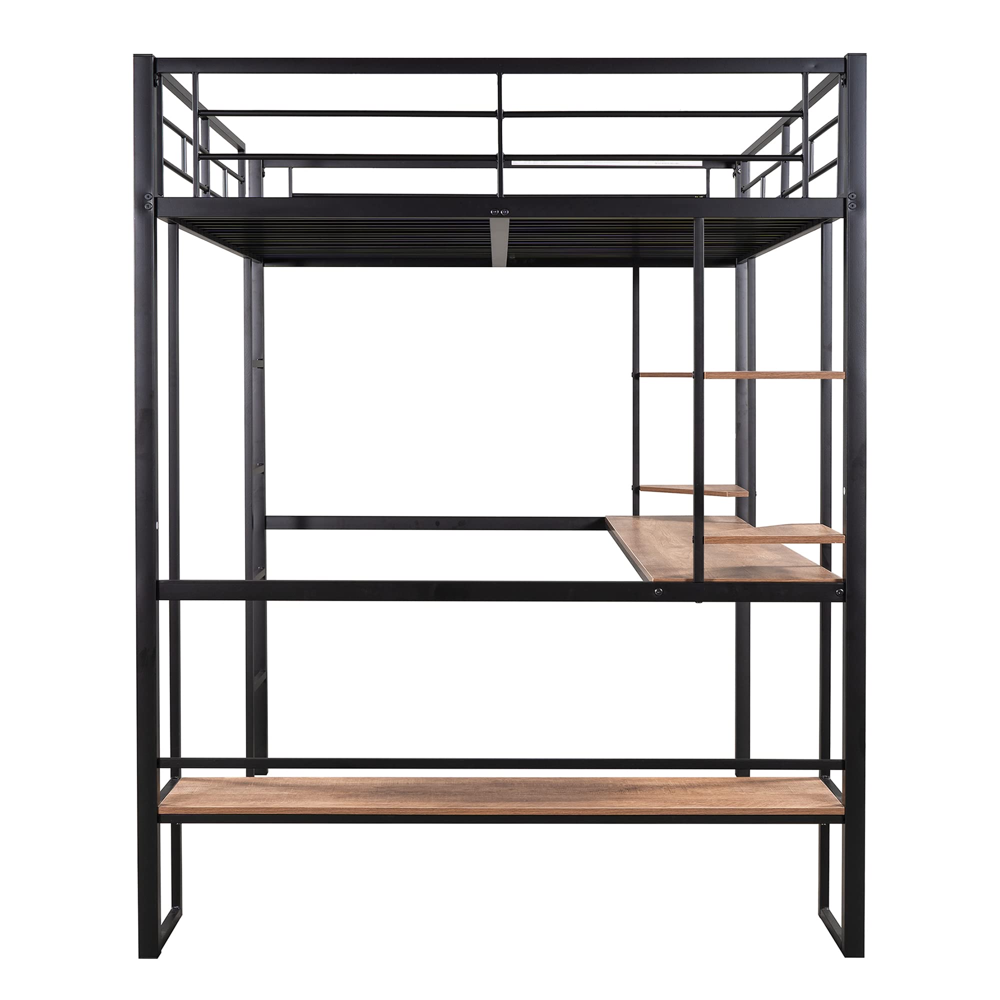 SOFTSEA Full Loft Bed with Desk and Storage Shelves High Metal Loft Bunk Bed with Ladder, No Box Spring Needed