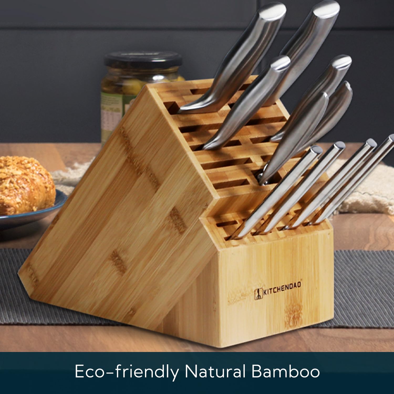 KITCHENDAO Deluxe 20 Slot Bamboo Knife Block Holder without Knives, Countertop Butcher Block Kitchen Knife Stand, Hold Multiple Large Blade Knives, Wider Slots for Easier Storage