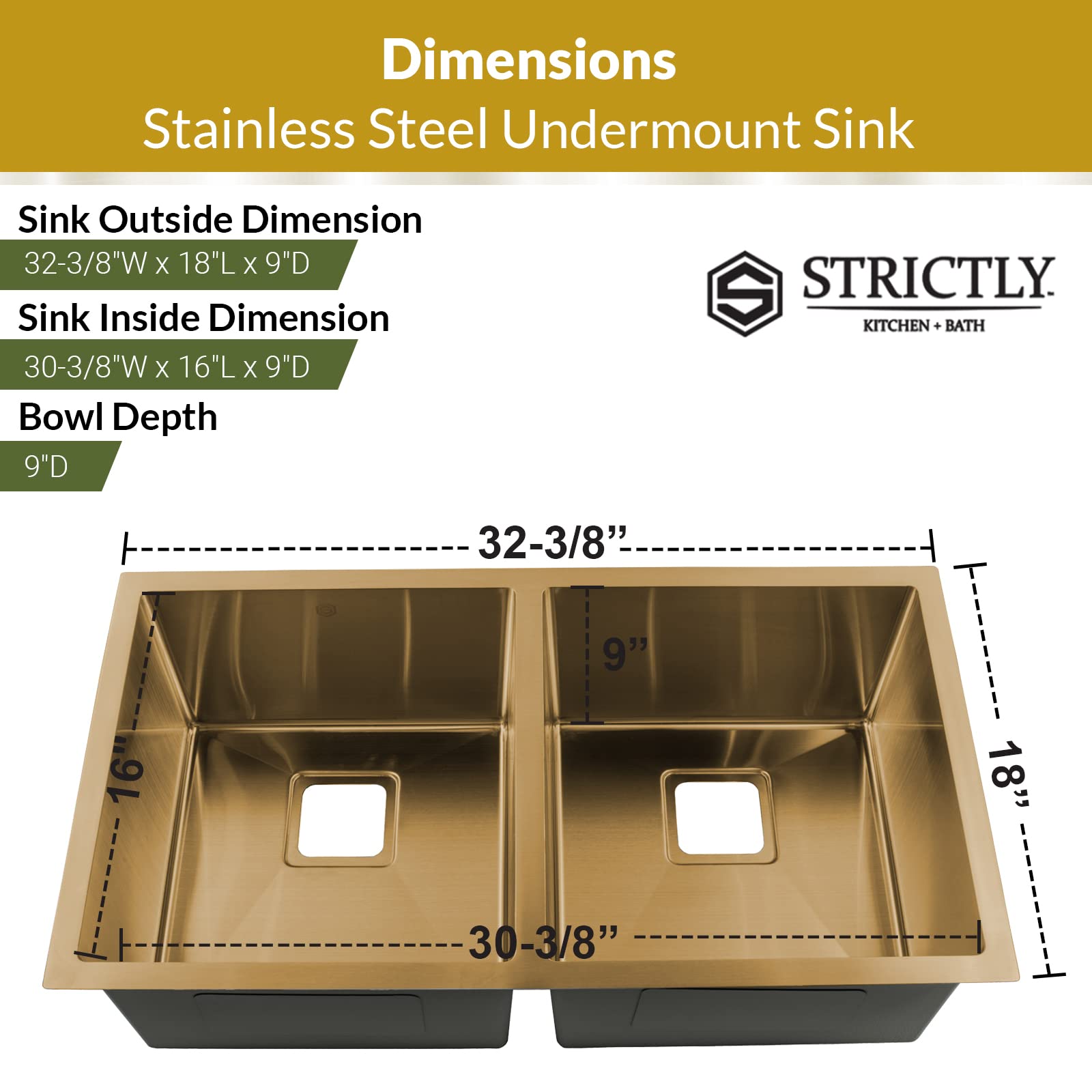 Strictly Sinks 32 Inch Undermount Kitchen Sink - 16 Guage 50/50 Double Bowl Kitchen Sink - Stain & Rust Resistant Gold Kitchen Sink with Bottom Grid, 1 Disposal Adapter & 2 Strainer Drains