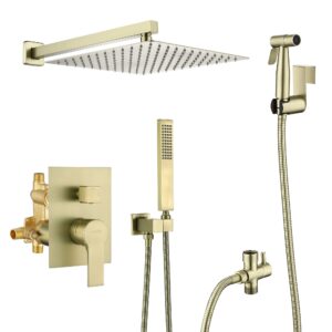 shamanda brass rainfall shower system with handheld bidet sprayer for toilet,brushed gold