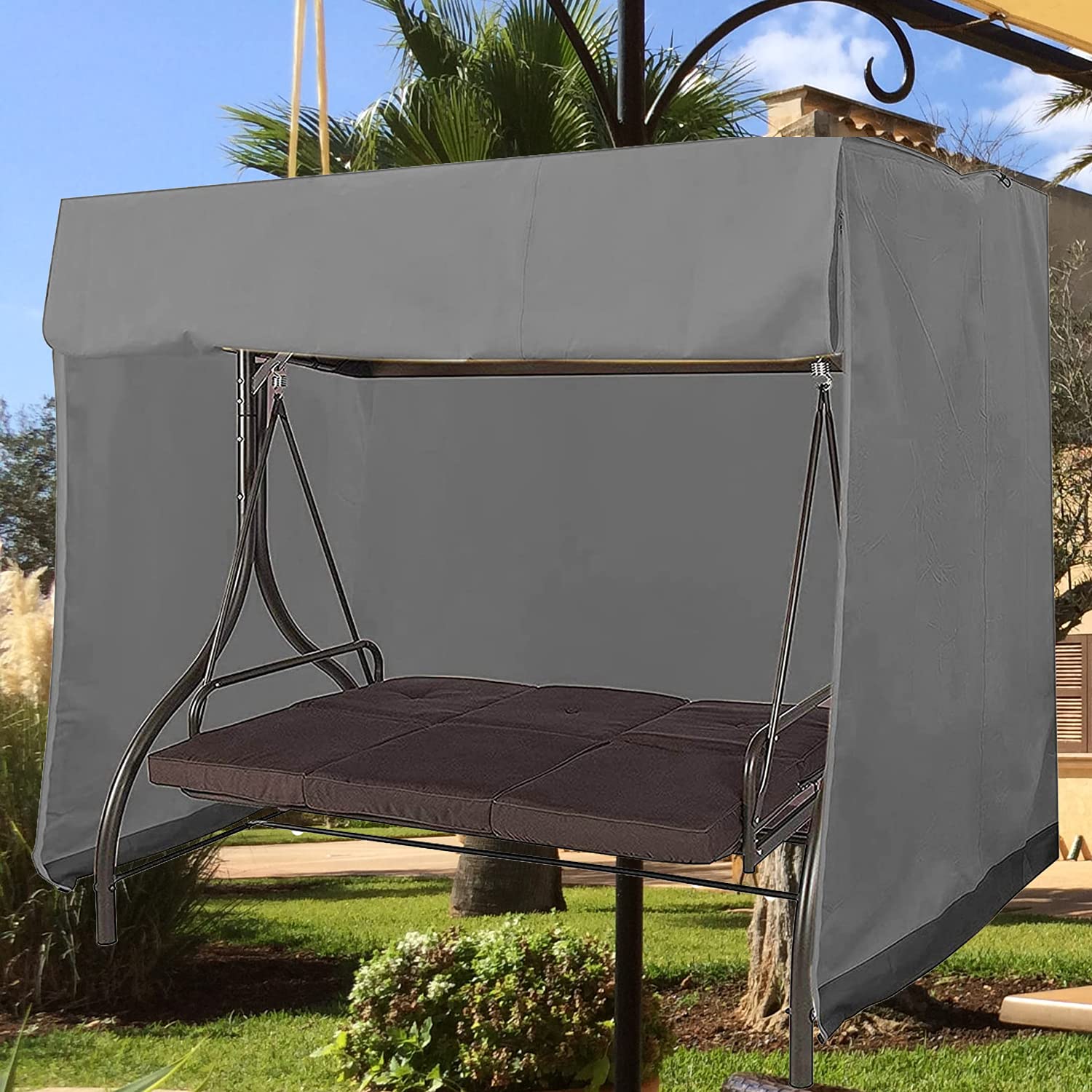 skyfiree Patio Swing Cover Waterproof 3 Seat Swing Covers Outdoor Porch Swing Cover Hammock Glider Cover 420D Swing Chair Covers 87x49x67 Inch UV Block for Outdoor Furniture (Grey)