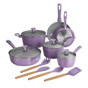 tramontina 14-piece ceramic non stick cookware set with lids, heavy-gauge aluminum pots and pans kitchen set with pfoa/ptfe-free nonstick coating, dishwasher and oven safe (purple)