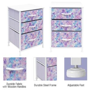 Sorbus Nightstand Storage Organizer with 3 Drawers - Kids Girls, Boys Bedroom Furniture Storage Chest for Clothes, Closet Organization - Steel Frame, Wood Top, Tie-dye Fabric Bin (Blue/Pink/Purple)