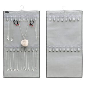 anzorg dual-sided hanging jewelry organizer with 34 hook loops wall mounted necklace holder jewelry display storage hanger for bracelet chain (grey)