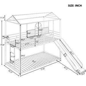 Twin Over Twin Metal Bunk Bed with Slide and Integrated Ladder, Housebed Bunk Bed for Kids Toddlers, Can be Decorated with Mosquito nets (White with White Slide)