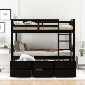 Harper & Bright Designs Twin Over Twin Bunk Bed with Trundle and Storage Drawers Wood Bunk Beds Frame for Kids Girls Boys Teens, Espresso