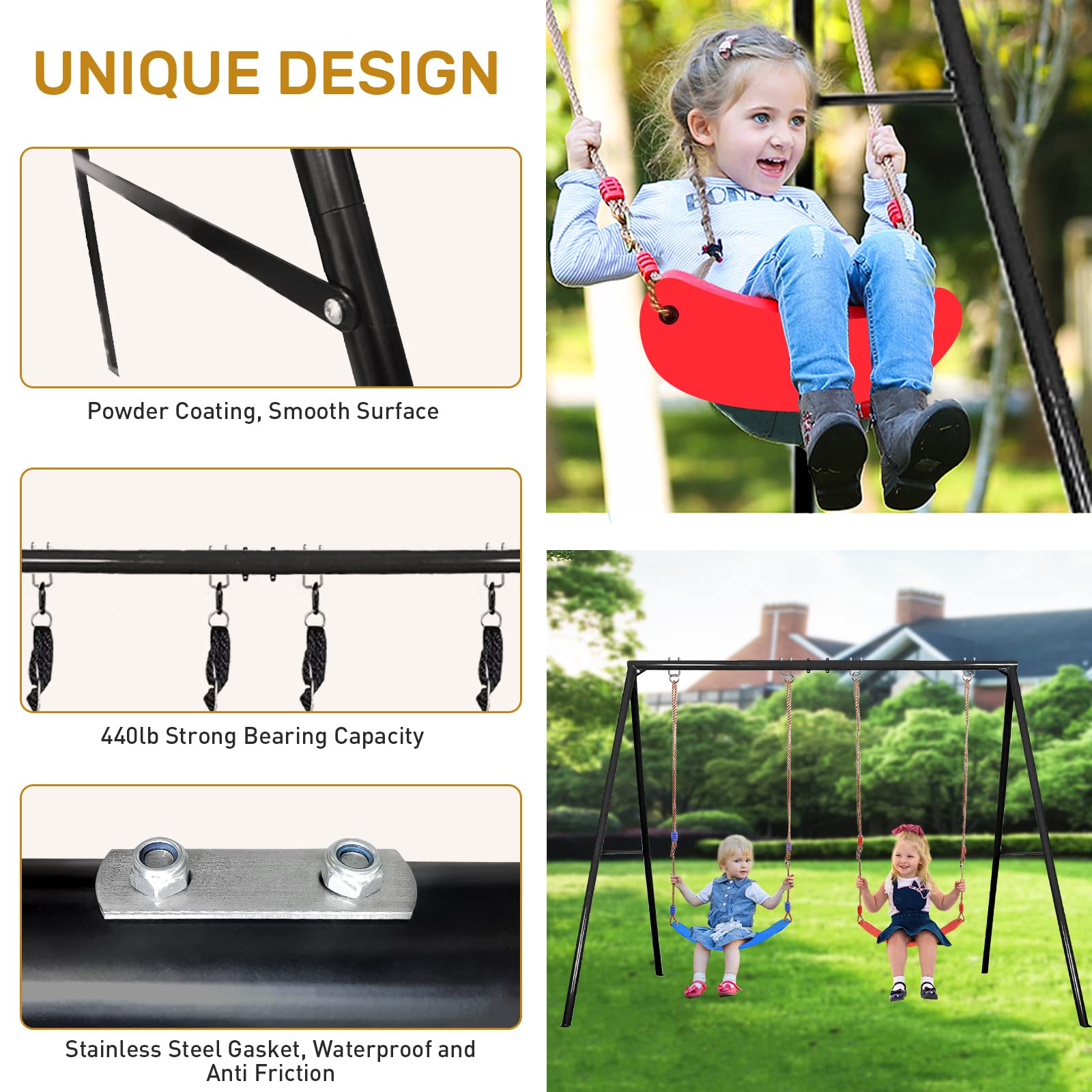 IKARE Metal Swing Frame with 2 Belt Swing Seats, Extra Large Swing Set for Kids and Adults, 2 Seats Supports up to 440 LBS, Fits for Indoor and Outdoor Activities, Garden, Backyard, Playground