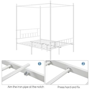 Yaheetech Metal Canopy Platform Bed Frame Four-Poster Canopied Bed Mattress Foundation with Headboard and Footboard Sturdy Slatted Structure No Box Spring Needed Easy Assembly Full White