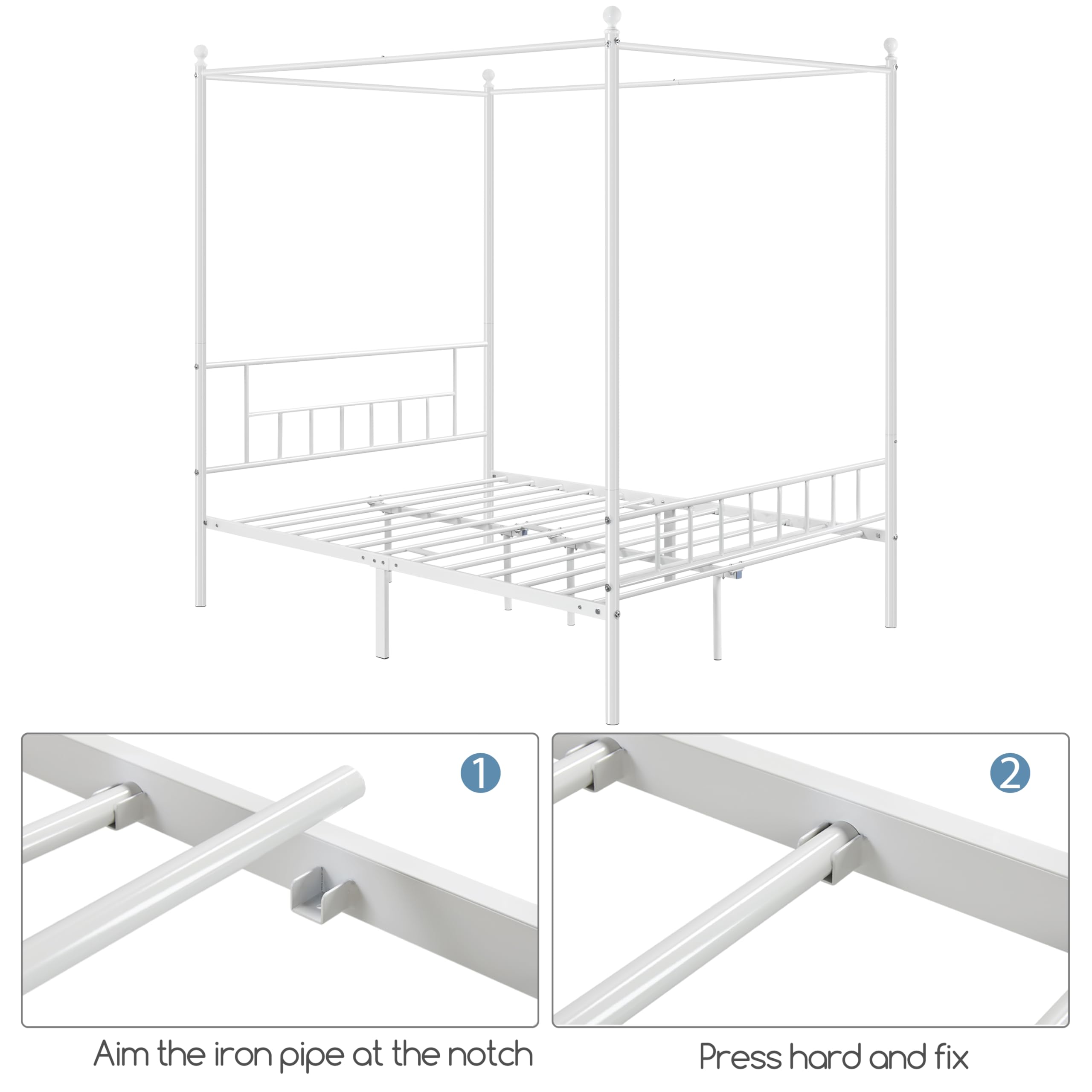 Yaheetech Metal Canopy Platform Bed Frame Four-Poster Canopied Bed Mattress Foundation with Headboard and Footboard Sturdy Slatted Structure No Box Spring Needed Easy Assembly Full White