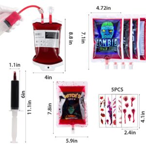 Halloween Blood Bags Party Supplies - 40PCS Blood Bags for Drinks 30 Reusable Drink Pouches+5 Syringes+5PCS Bloody Tattoos, Blood Bags for Vampire Zombie Costumes Halloween Party Favors Decorations