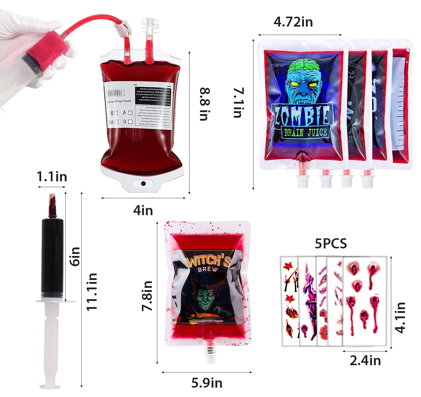 Halloween Blood Bags Party Supplies - 40PCS Blood Bags for Drinks 30 Reusable Drink Pouches+5 Syringes+5PCS Bloody Tattoos, Blood Bags for Vampire Zombie Costumes Halloween Party Favors Decorations