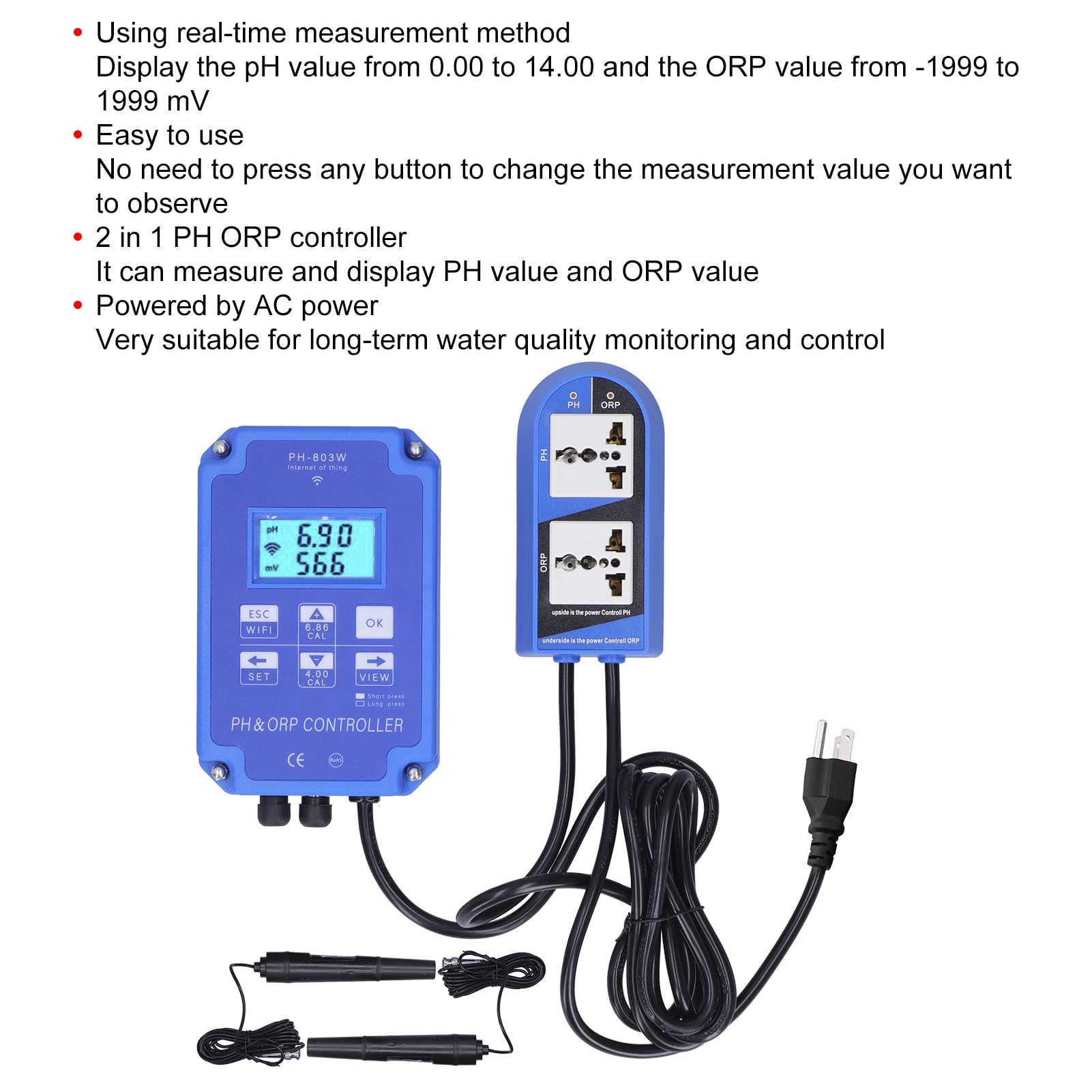 PH‑803W 2 in1 ORP Controller Continuous Monitor Meter Control Water Quality Tester -1999~1999mV 0.00~14.00PH Acidity Alkalinity Controller Water Quality Monitoring Tool(US