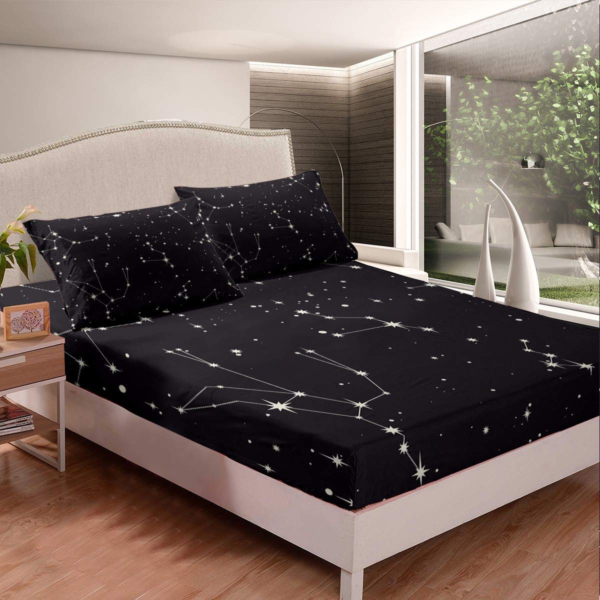 Galaxy Sheets Set Full Size for Kids Girls Boys Outer Space Starry Sky Bedding Set Teens Constellation Twinkle Stars Bed Sheet Set Microfiber Super Soft Breathable Black White Milky Way Bed Cover