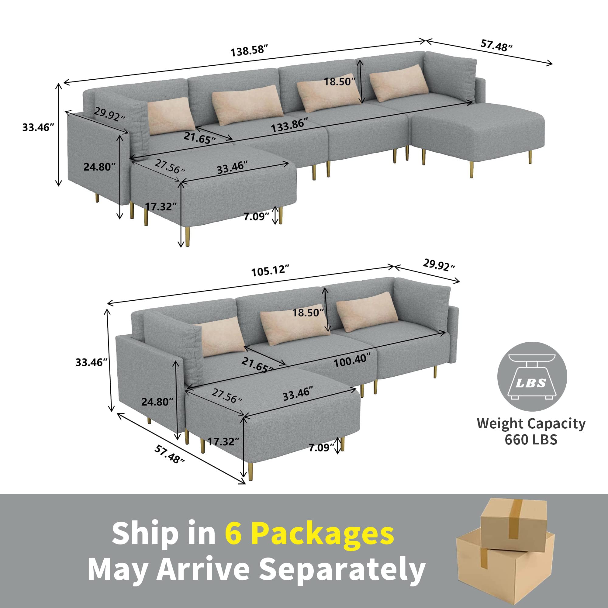 MGH Sectional Sofa Couch, Luxury Contemporary U-Shape Sofa Set,Linen Fabric 4-Seat and 2 Ottoman Living Room Couch Chaise Living Room Furniture Sets,Grey