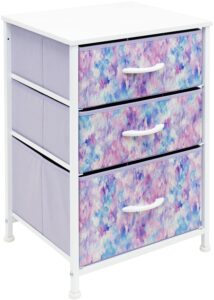 sorbus nightstand storage organizer with 3 drawers - kids girls, boys bedroom furniture storage chest for clothes, closet organization - steel frame, wood top, tie-dye fabric bin (blue/pink/purple)