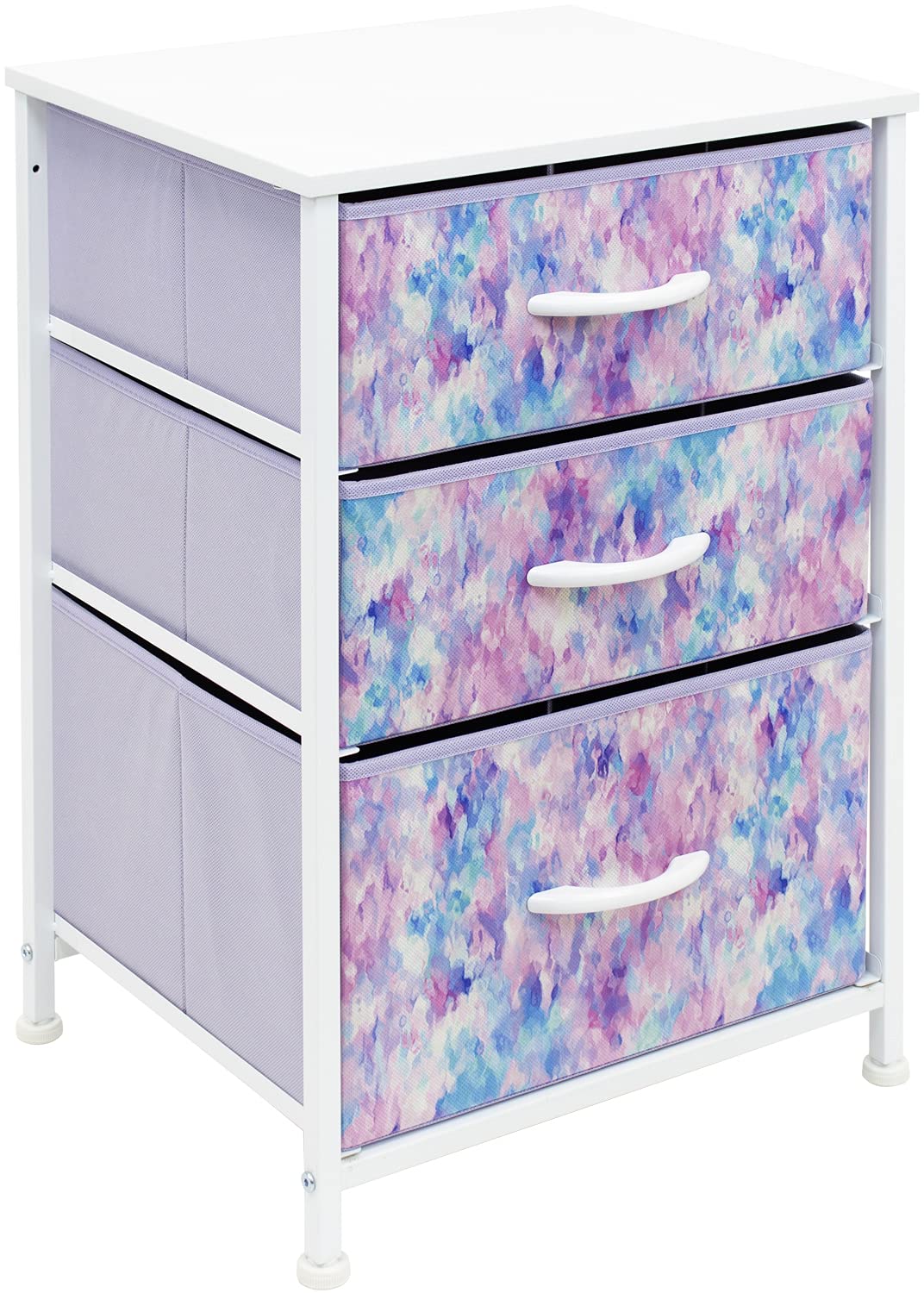 Sorbus Nightstand Storage Organizer with 3 Drawers - Kids Girls, Boys Bedroom Furniture Storage Chest for Clothes, Closet Organization - Steel Frame, Wood Top, Tie-dye Fabric Bin (Blue/Pink/Purple)