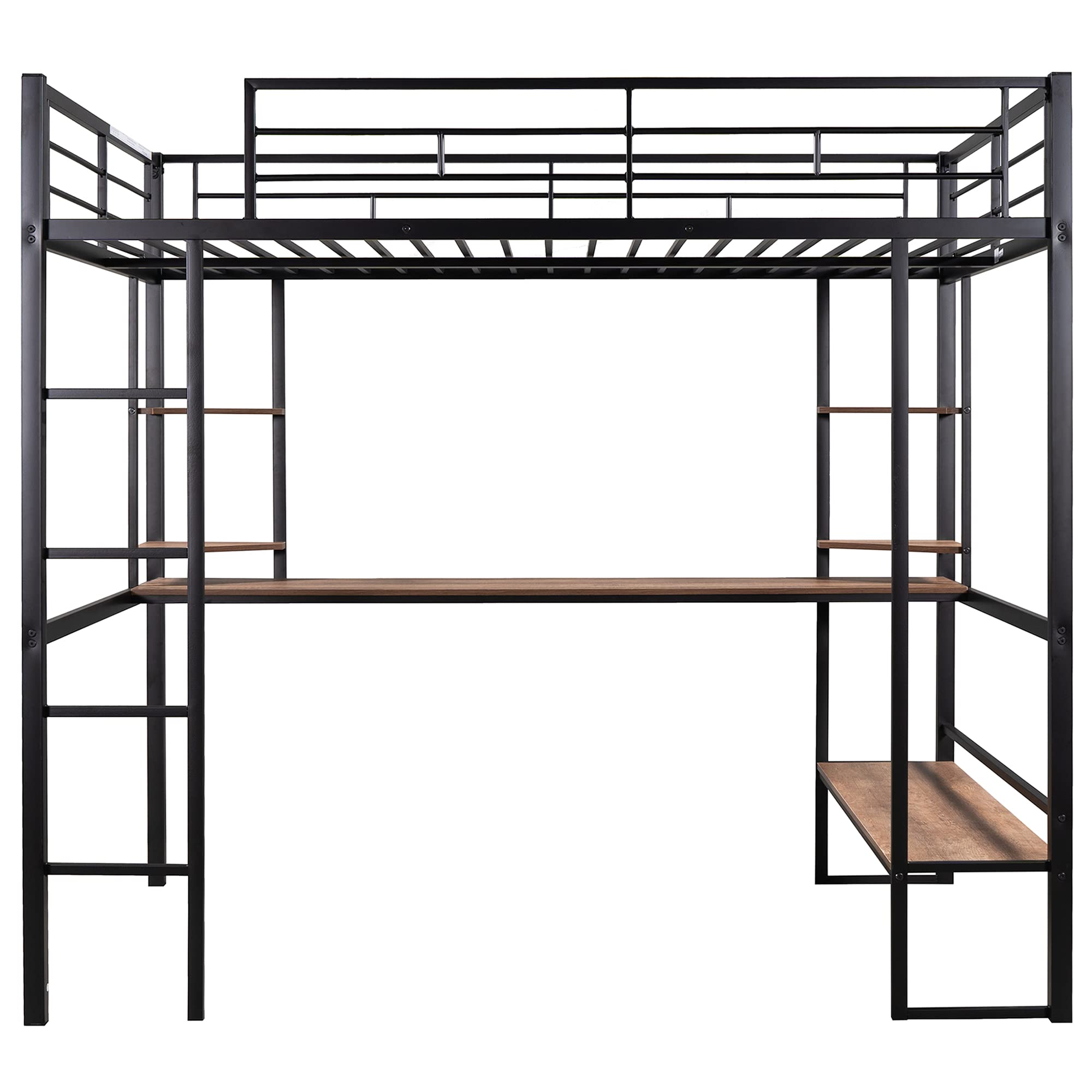 SOFTSEA Full Loft Bed with Desk and Storage Shelves High Metal Loft Bunk Bed with Ladder, No Box Spring Needed