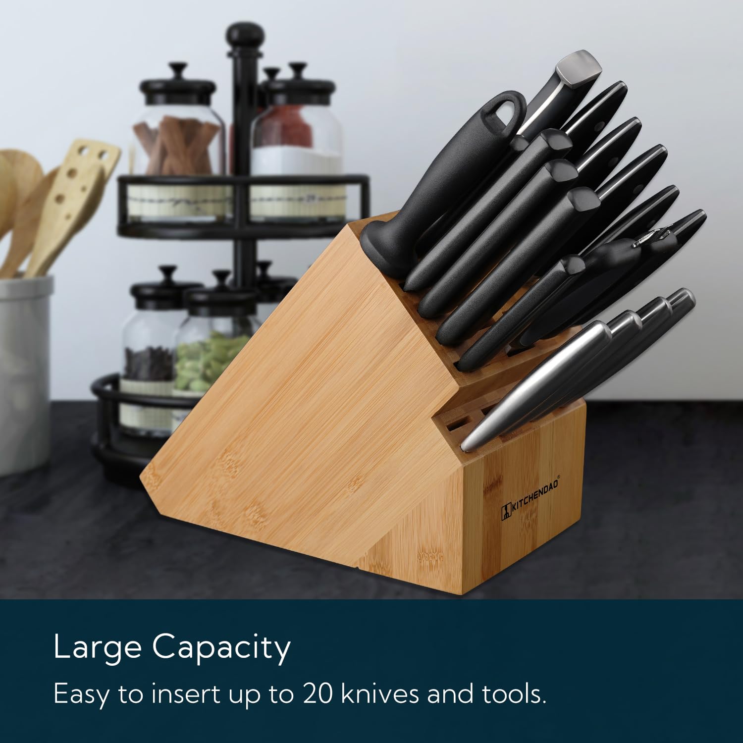 KITCHENDAO Deluxe 20 Slot Bamboo Knife Block Holder without Knives, Countertop Butcher Block Kitchen Knife Stand, Hold Multiple Large Blade Knives, Wider Slots for Easier Storage